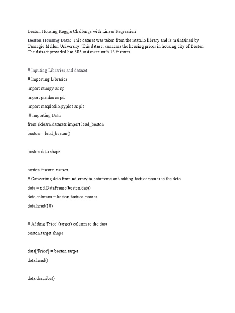 Boston Housing Kaggle Challenge With Linear Regression | PDF | Mean Squared Error | Statistical ...