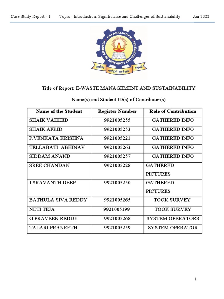 Name of The Student Register Number Role of Contribution | PDF ...