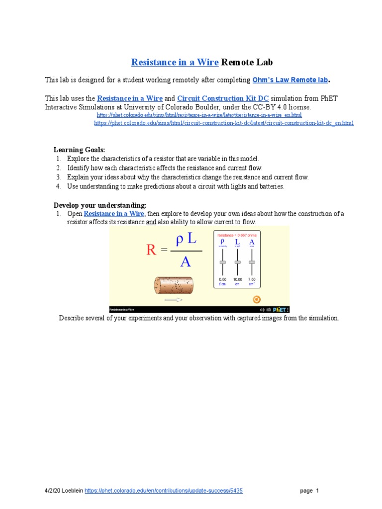 Resistance in A Wire Remote Lab | PDF | Electrical Resistance And ...
