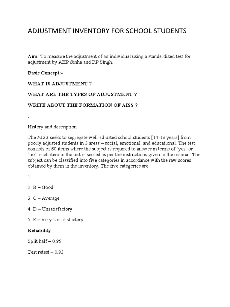 Adjustment Inventory For School Students | Download Free PDF ...