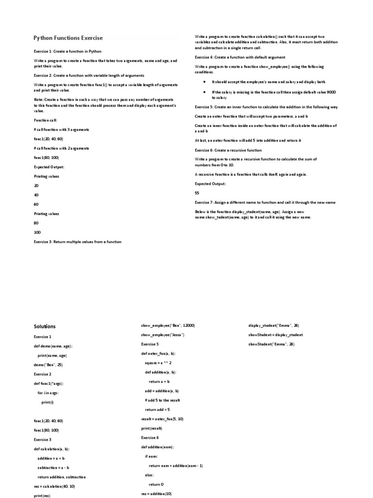 Python Functions Exercise Pdf Parameter Computer Programming Subroutine