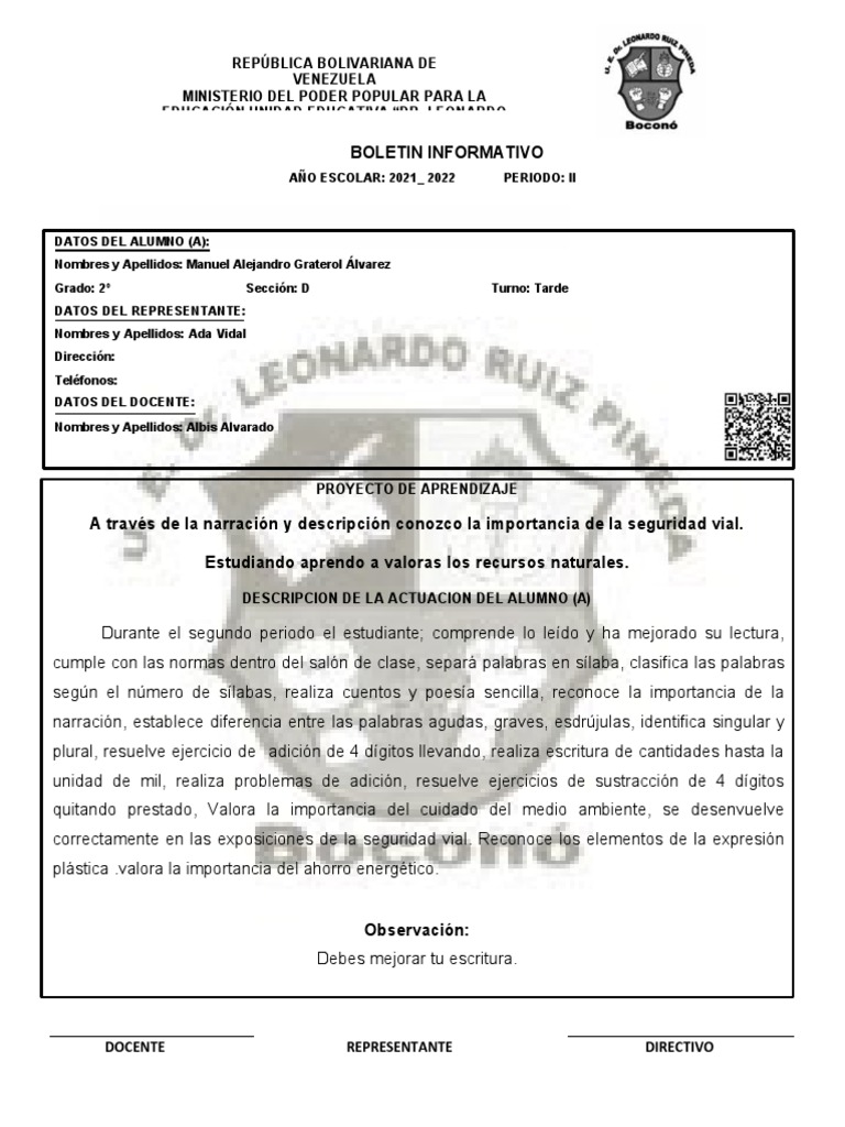 Boletas Informativas 2º Grado Primaria | PDF | Aprendizaje | Venezuela