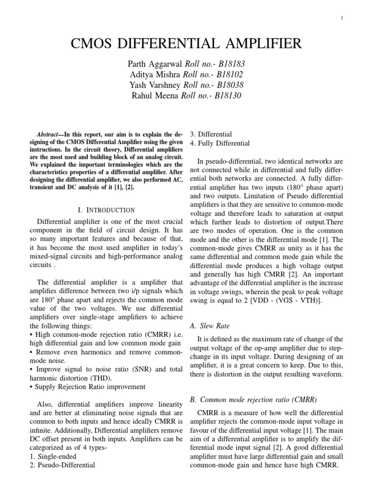 Cmos Differential Amplifier | PDF | Amplifier | Mosfet