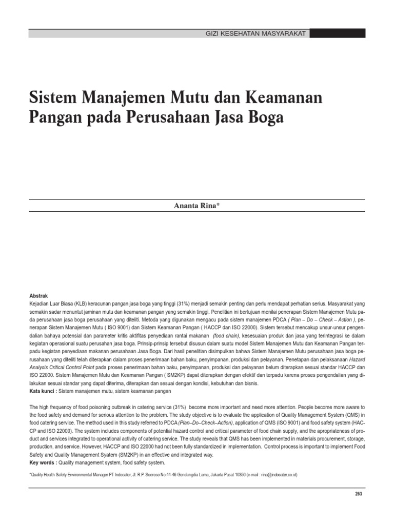 Sistem Manajemen Mutu Dan Keamanan Pangan Pada Perusahaan Jasa Boga | PDF