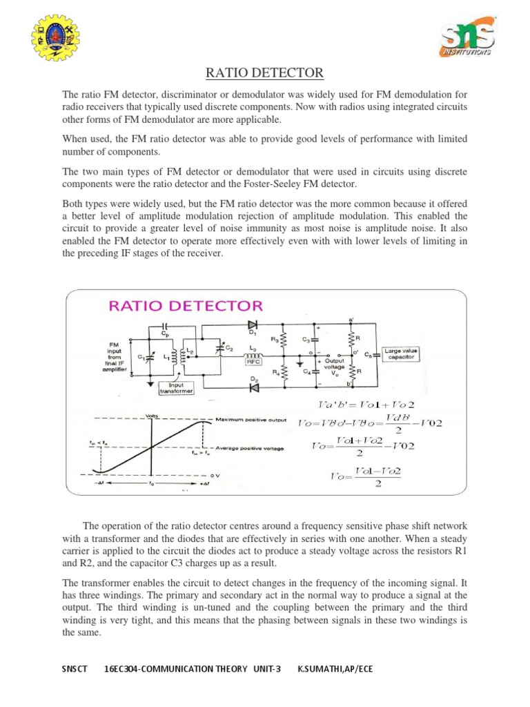 Ratio Detector: SNSCT 16Ec304-Communication Theory Unit-3 K.Sumathi, Ap/Ece | PDF | Detector ...