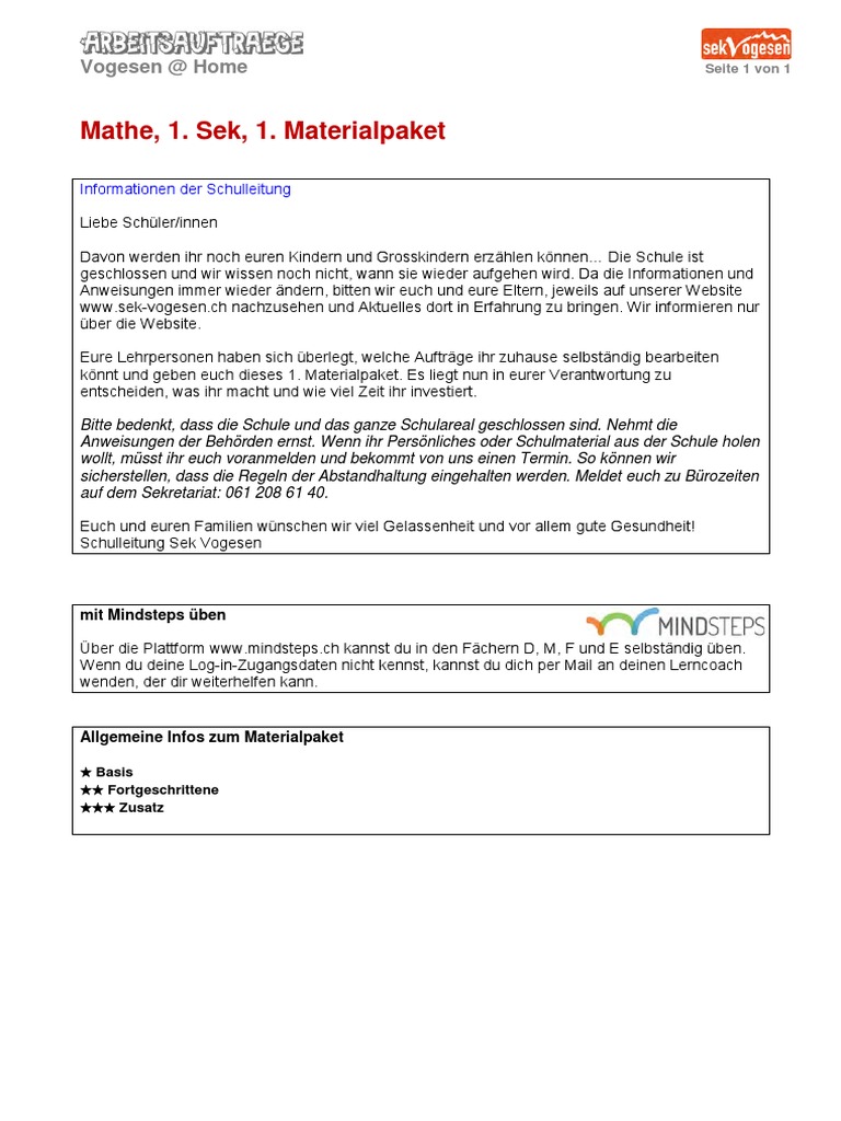 Mathe 1. Sek, 1. Materialpaket | PDF
