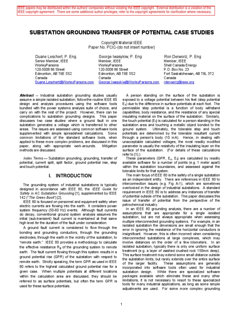 Substation Grounding Transfer of Potential Paper PCIC 2013 | PDF ...