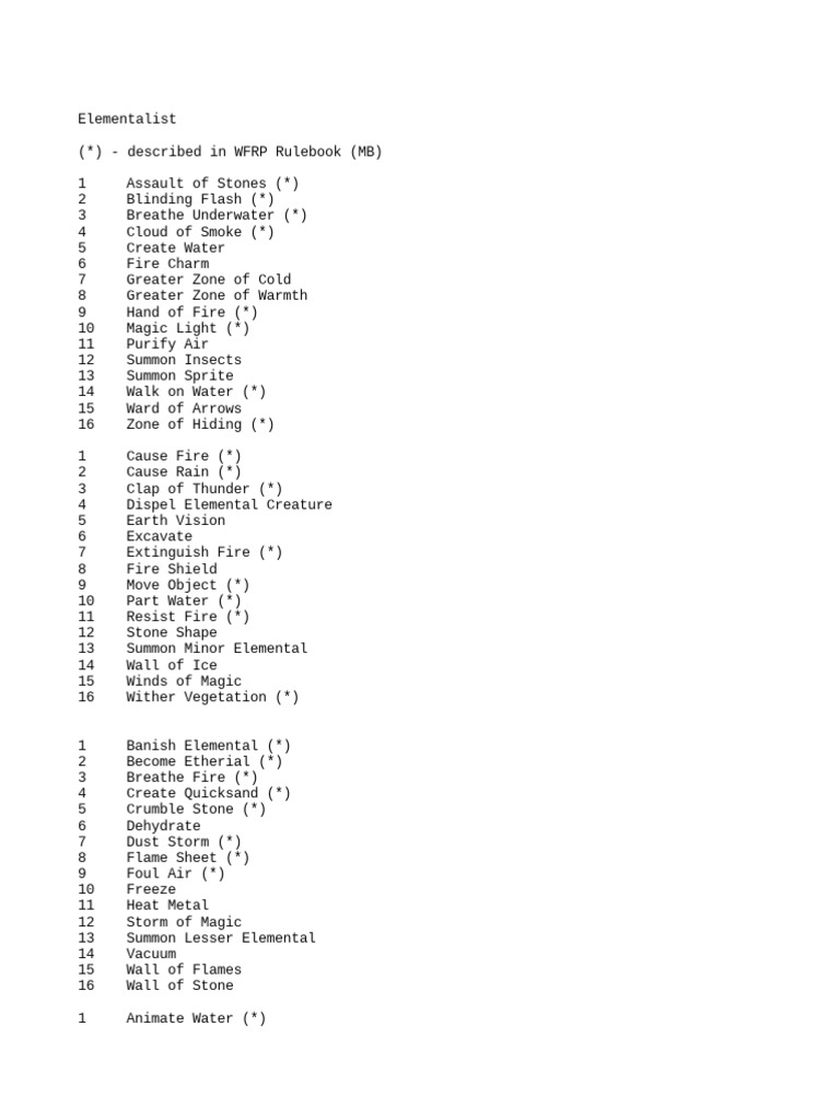 WFRP Elementalist Spells Levels 1-4 | PDF | Water | Fires