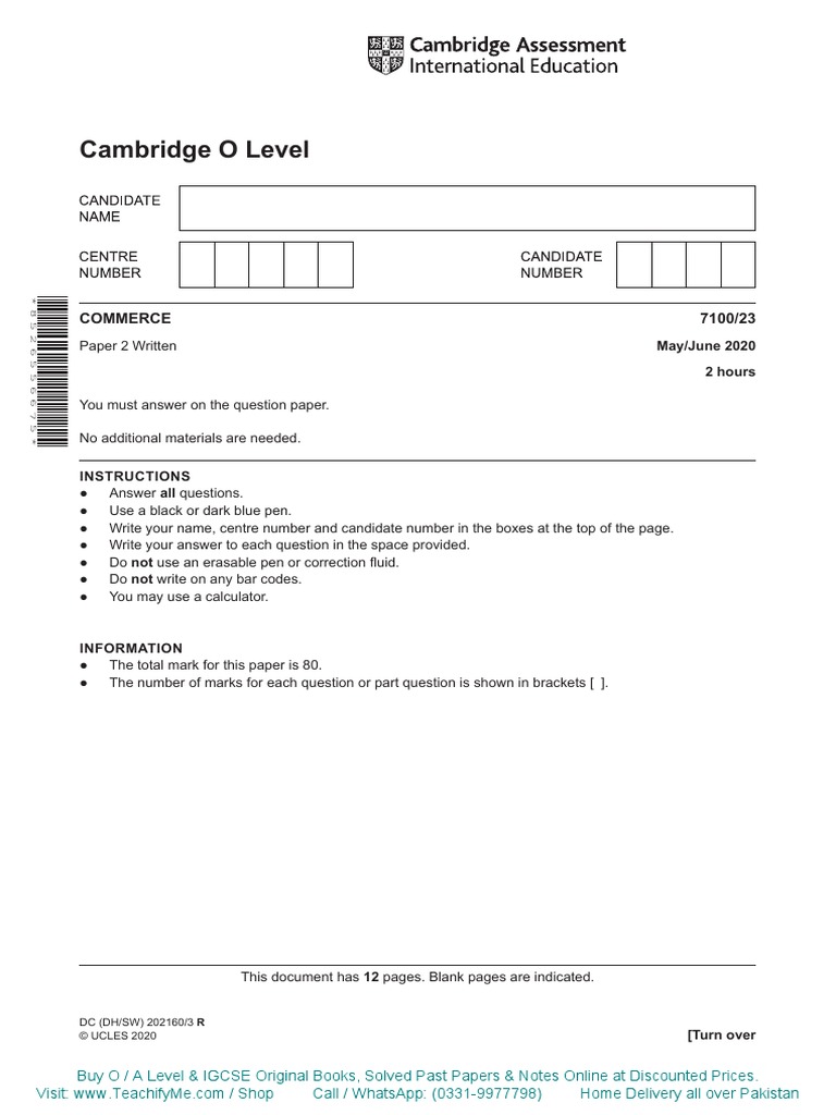 Cambridge O Level: COMMERCE 7100/23 | PDF | Insurance | Business