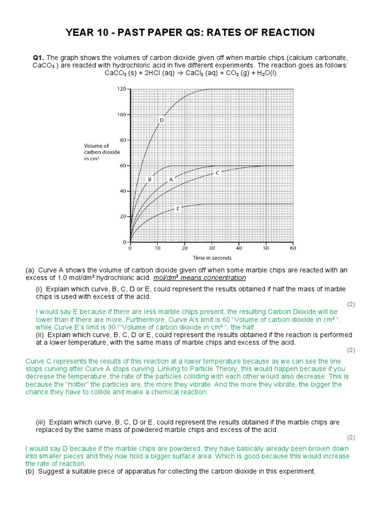 Rates of Reaction: Year 10 Past Paper | PDF | Reaction Rate | Catalysis