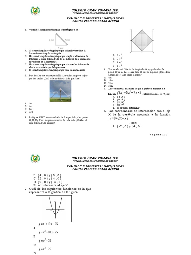 Evaluación Matemáticas Grado Décimo | PDF