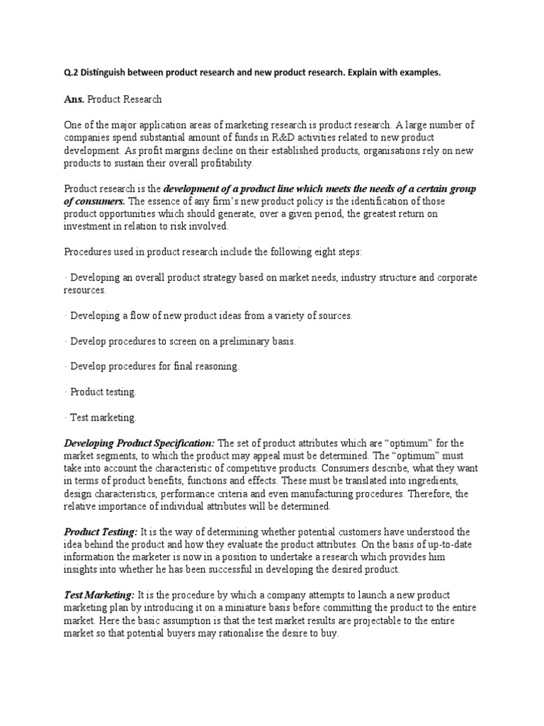 Ans. Product Research: Q.2 Distinguish Between Product Research and New ...