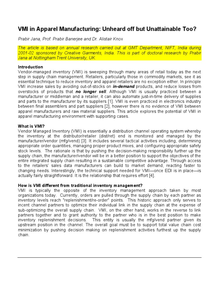 2B-VMI in Apparel Manufacturing | PDF | Inventory | Supply Chain