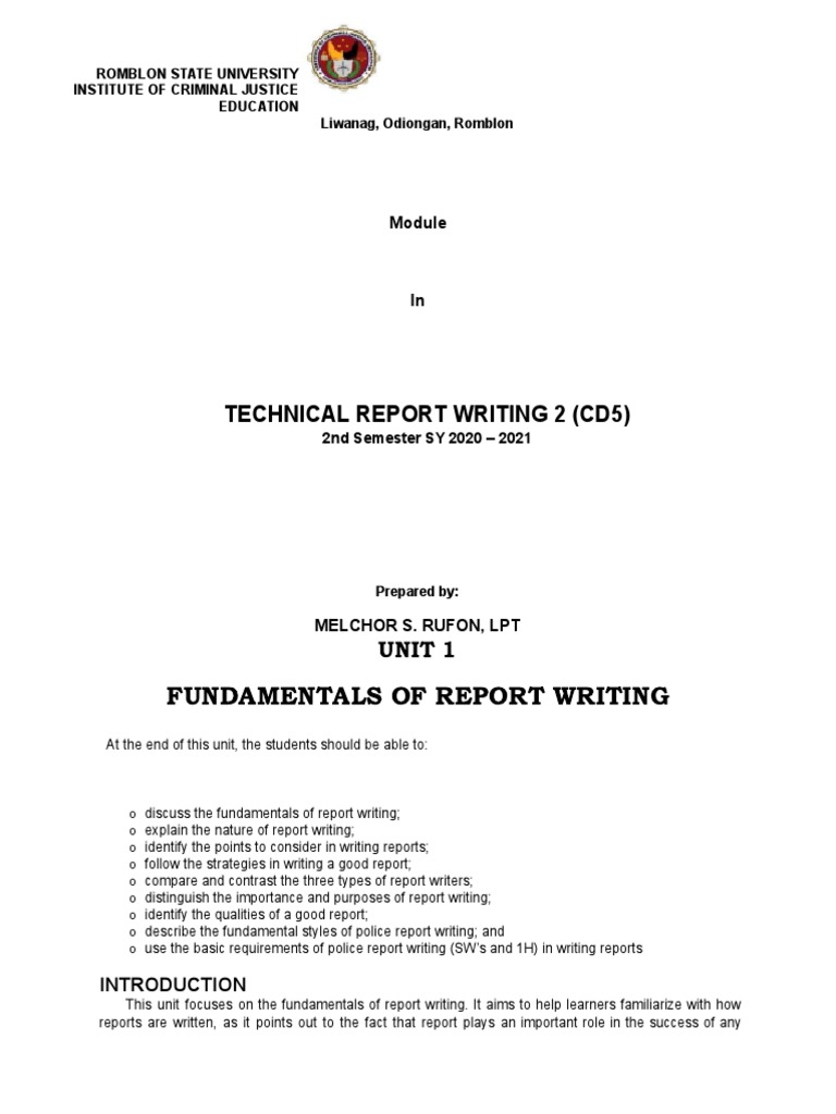 Module 1 & 2 Technical Report Writing 2 | PDF | Police | Witness