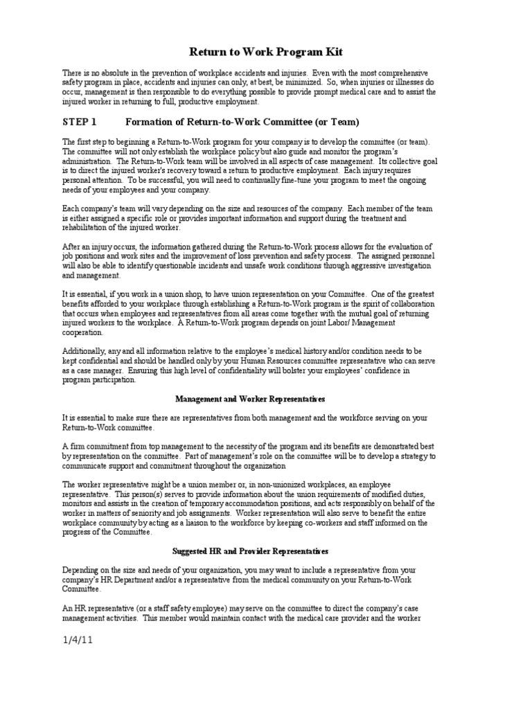 Return To Work Program Kit | PDF | Temporary Work | Employment