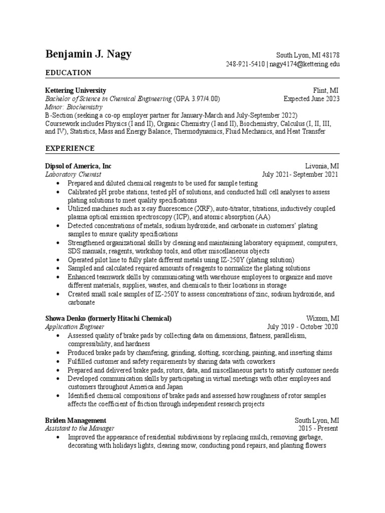 Benjamin Nagy 2022 Resume | Descargar gratis PDF | Ph | Sodium Hydroxide