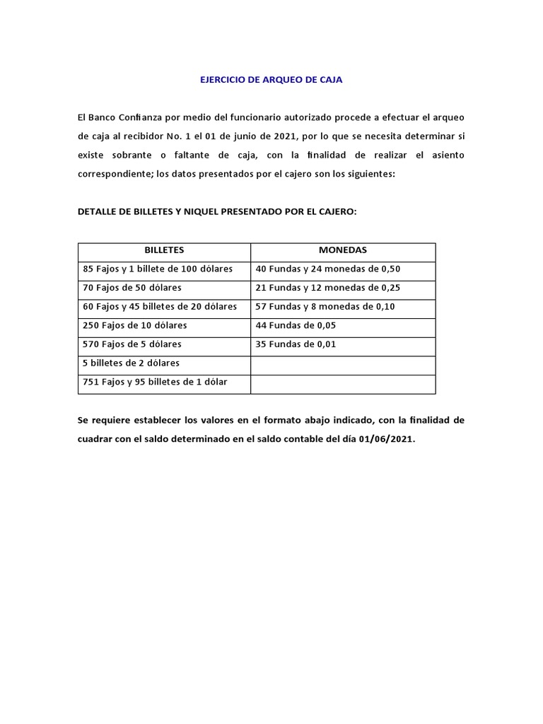Ejercicio de Arqueo de Caja | PDF
