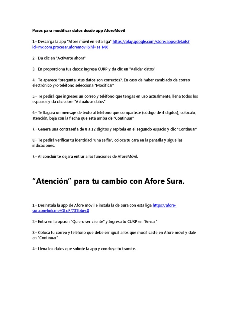 Pasos para Modificar Datos Desde App AforeMóvil | PDF