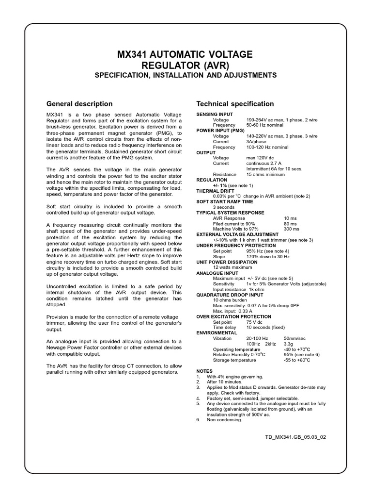 MX341 Automatic Voltage Regulator | PDF | Electric Generator | Voltage