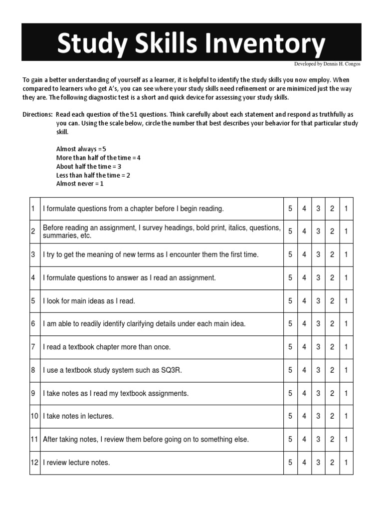 Study Skills Inventory | PDF | Study Skills | Test (Assessment)