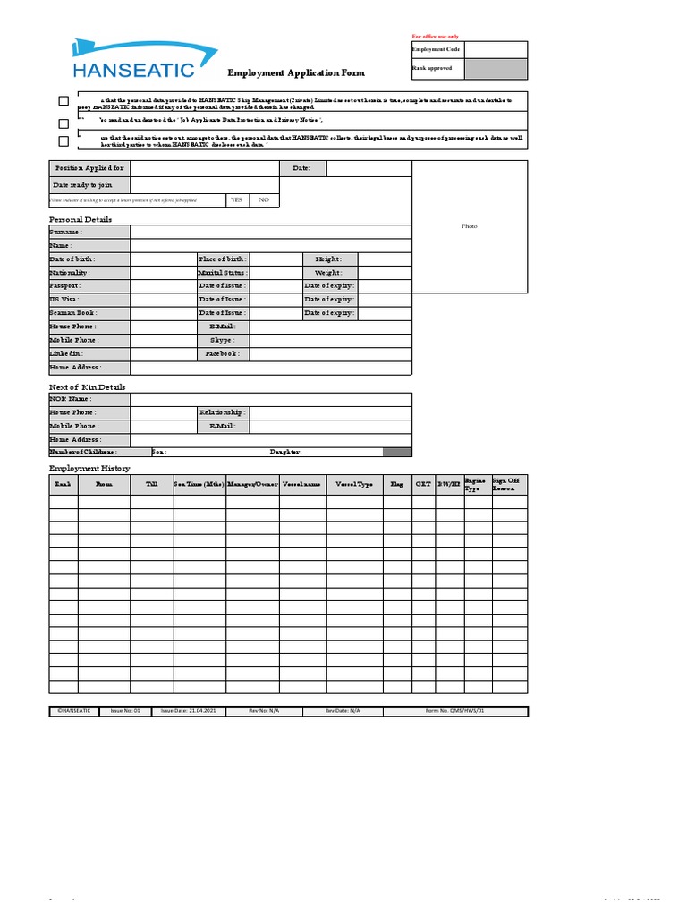 Qms-hws-01 - Hanseatic Application Form | PDF | Shipping | Water Transport