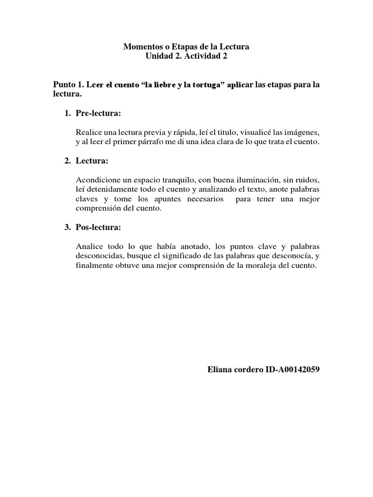 Unidad 2 Act.2 Momentos o Etapas de La Lectura | PDF