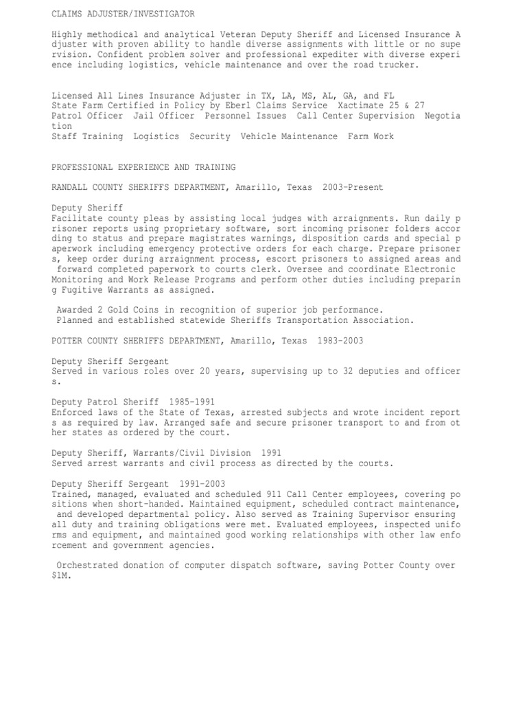 Insurance Adjuster/Investigator | PDF | Sheriffs In The United States ...