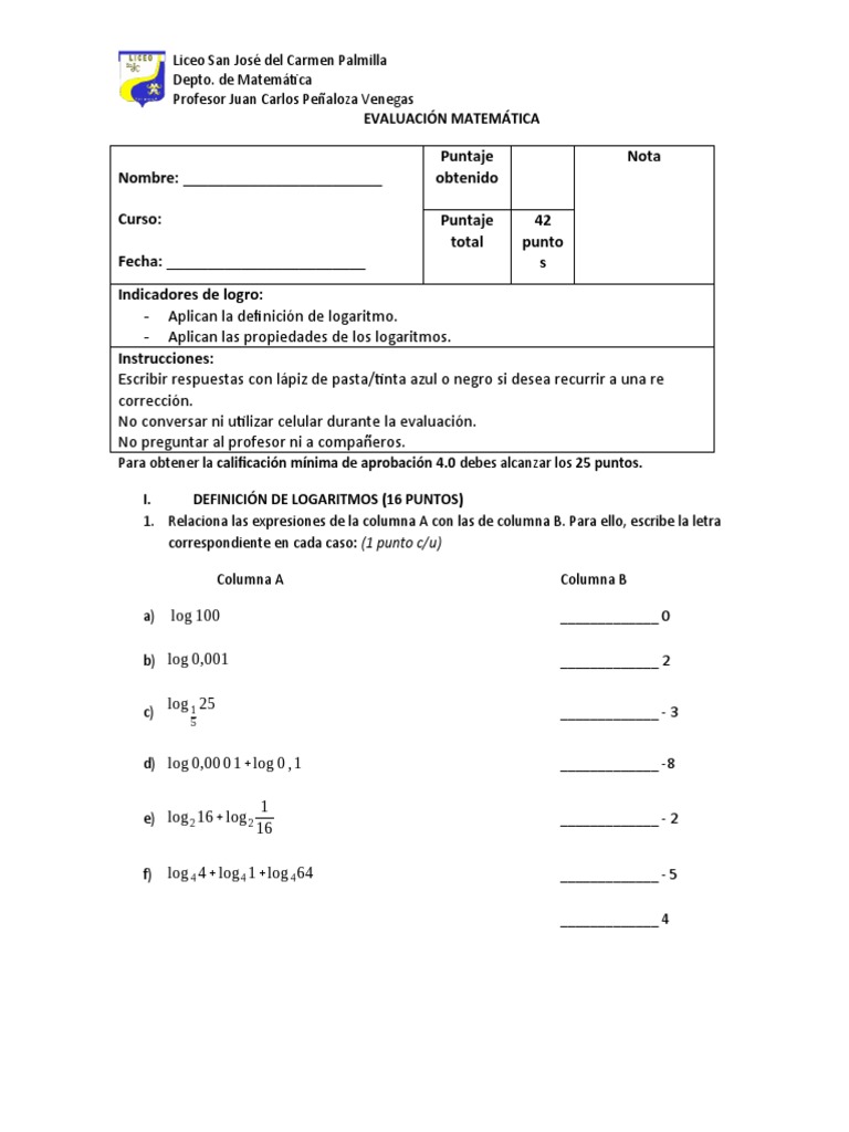 SEGUNDO MEDIO EVALUACION Logaritmos | PDF | Logaritmo | Matemáticas