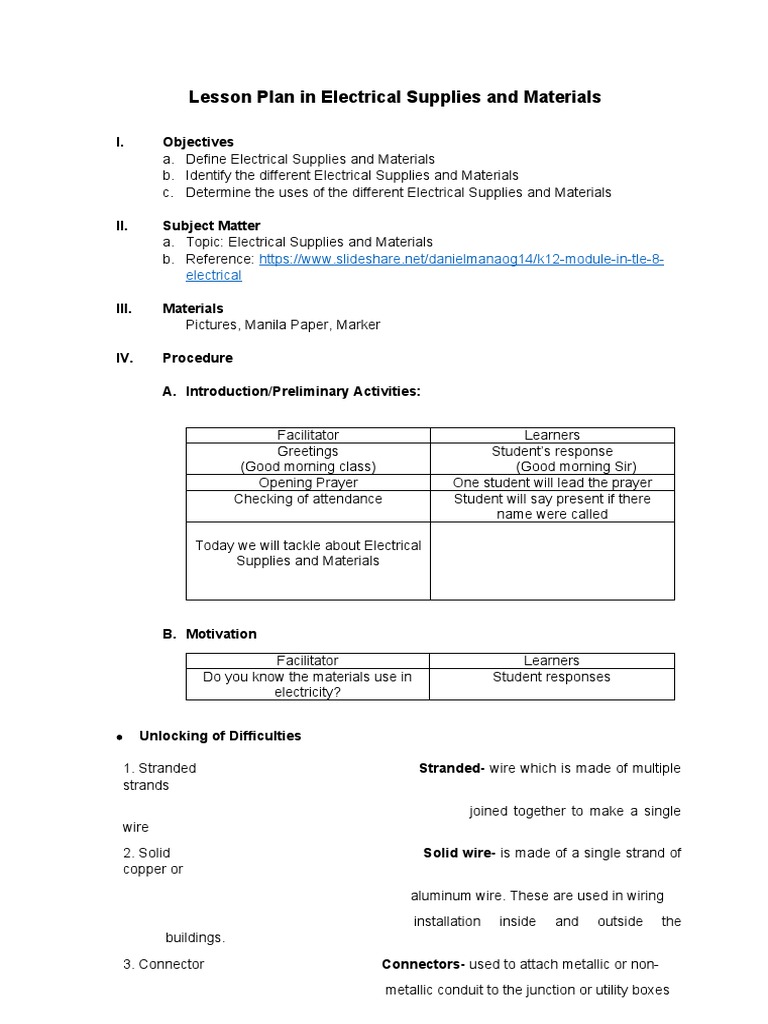 Lesson Plan in Electrical Supplies and Materials: I. Objectives | PDF ...