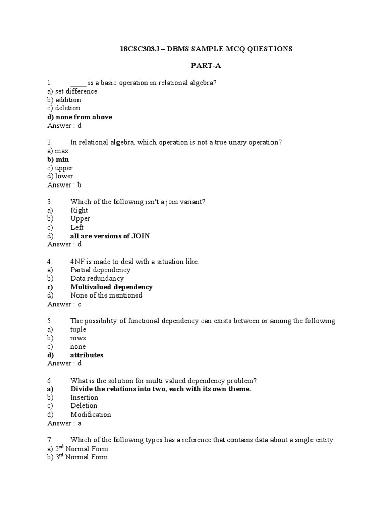 18CSC303J DBMS Sample MCQ | PDF | Information Science | Databases