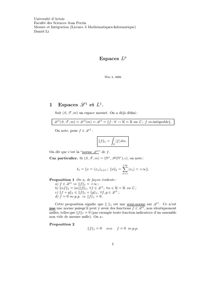 Introduction aux Espaces Lp | PDF | Limite (mathématiques) | Compacité ...