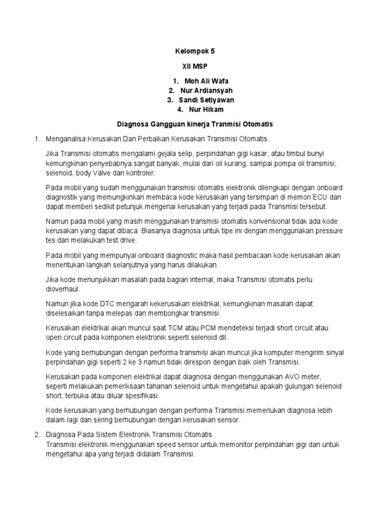 Kelompok 5 (Diagnosa Gangguan Kinerja Transmisi Otomatis) | PDF ...