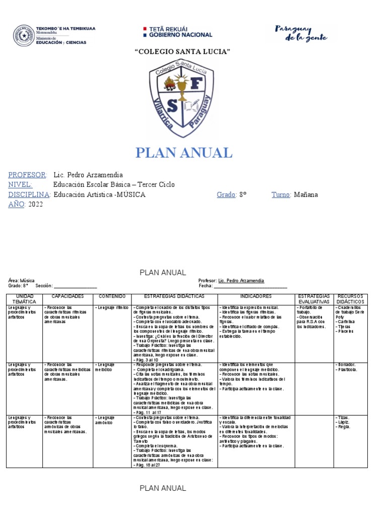 Plan Anual Música 8° Grado | PDF | Modo (música) | Armonía