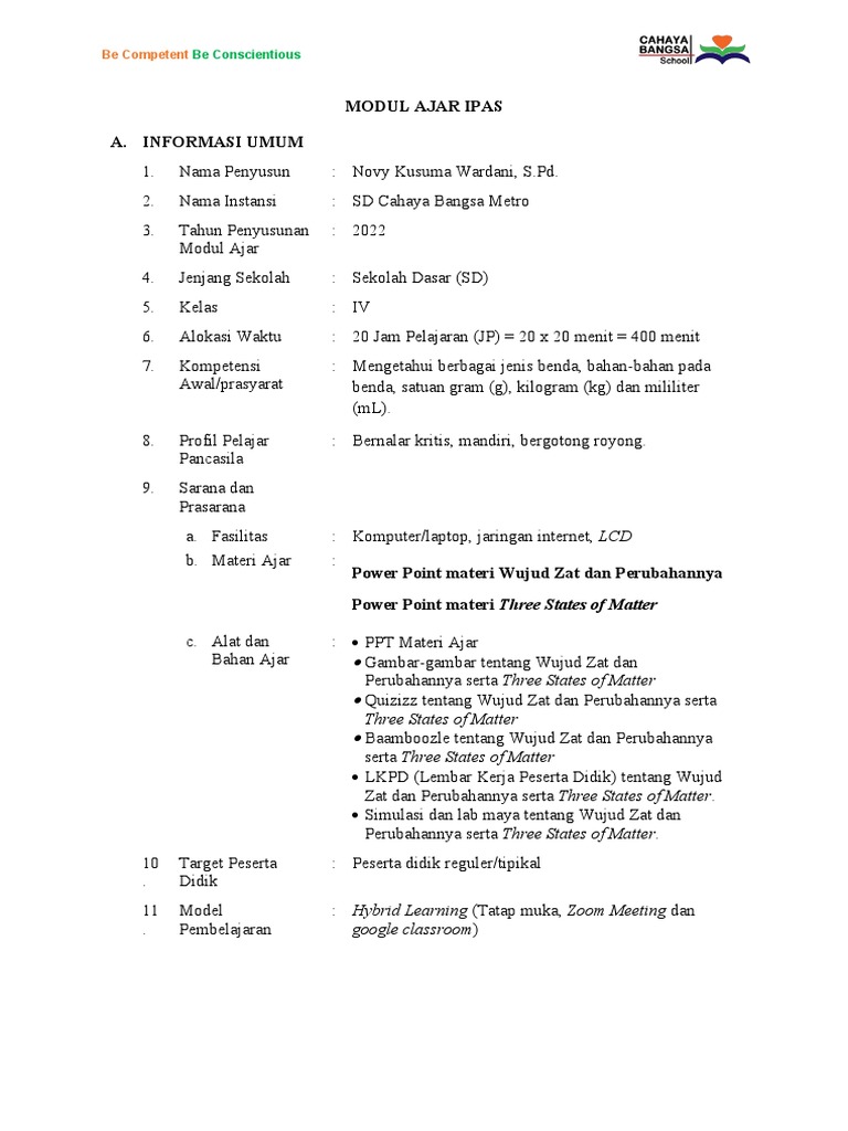 MODUL AJAR IPAS NOVY - Wujud Zat Dan Perubahannya | PDF