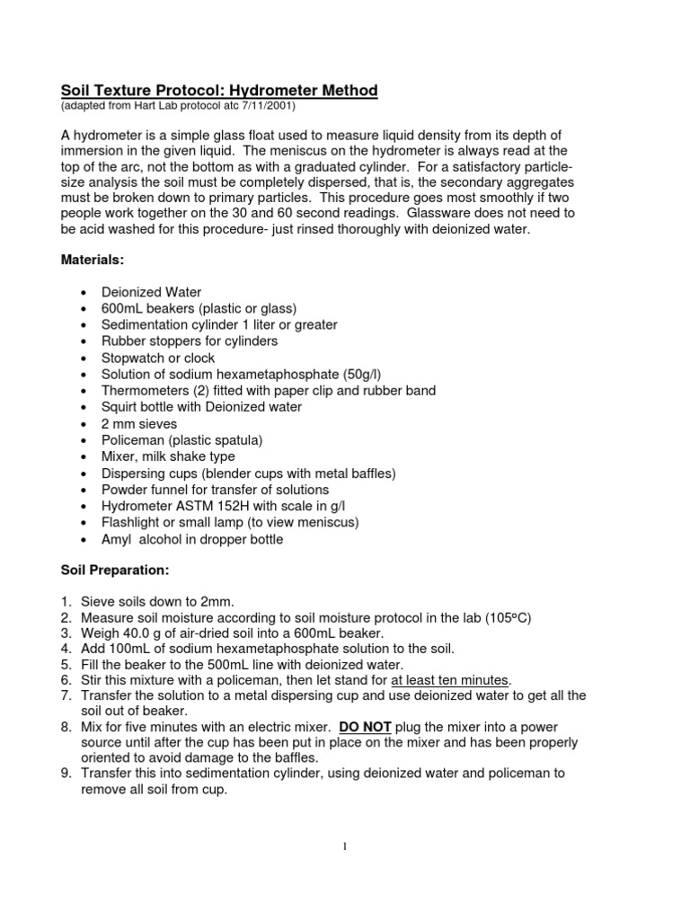 Soil Texture Analysis: Hydrometer Method | PDF | Soil | Chemistry