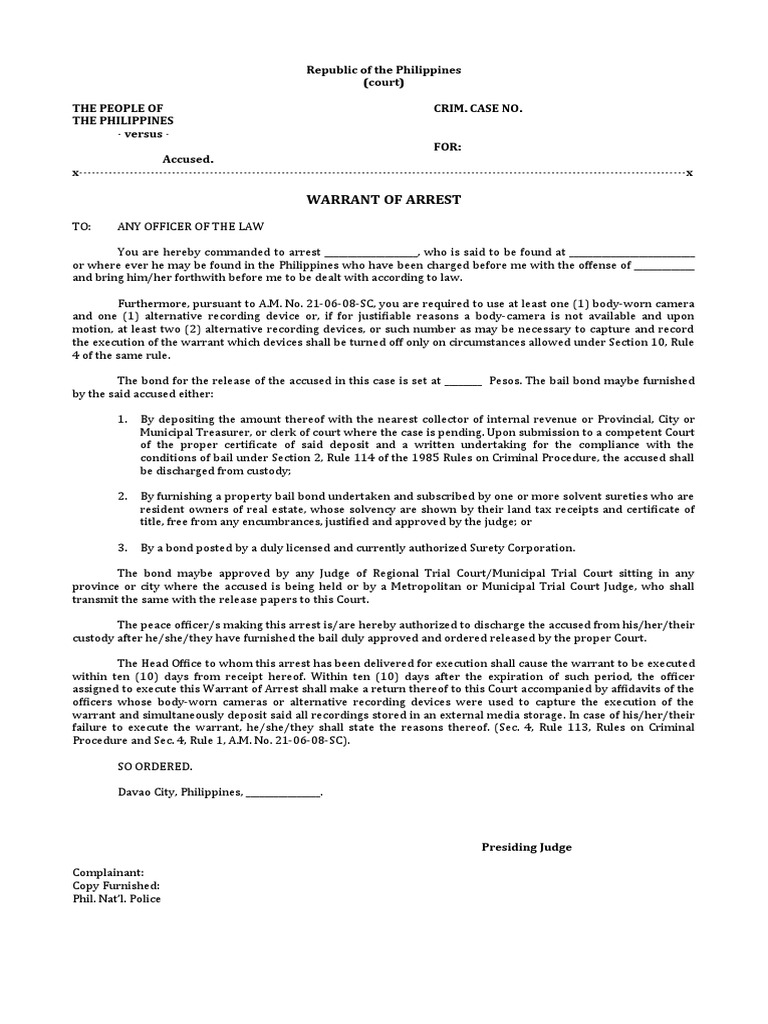 Sample Template Warrant of Arrest | PDF | Bail | Arrest