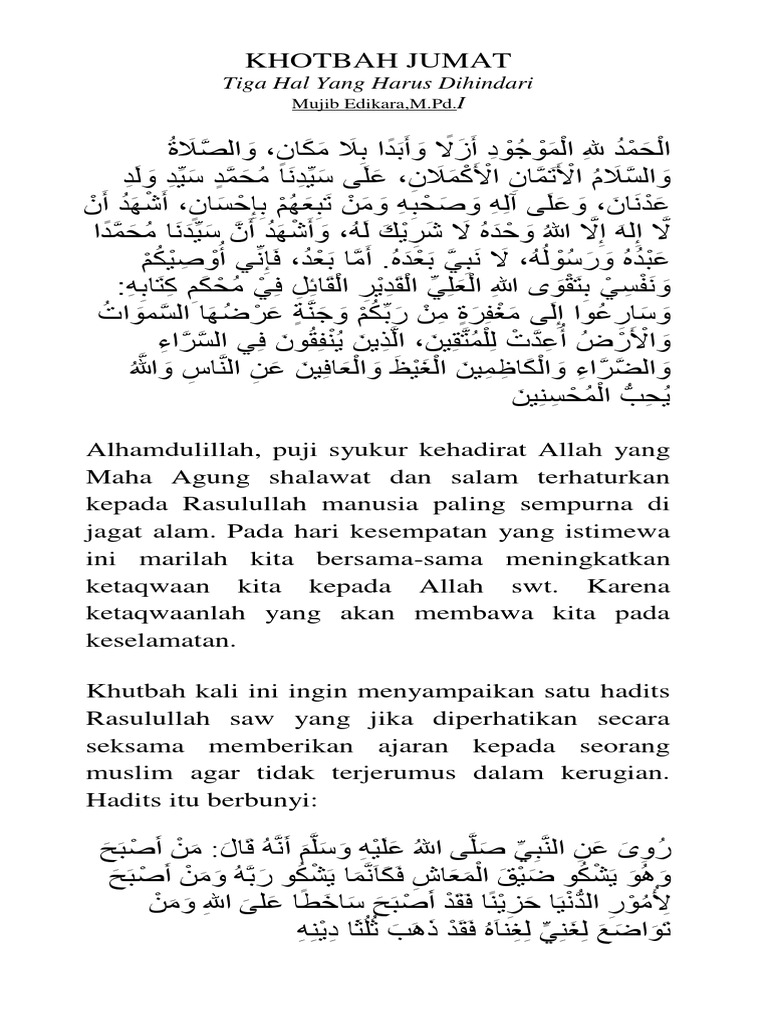 Tiga Hal Yang Harus Dihindari, Khutbah 2022 | PDF