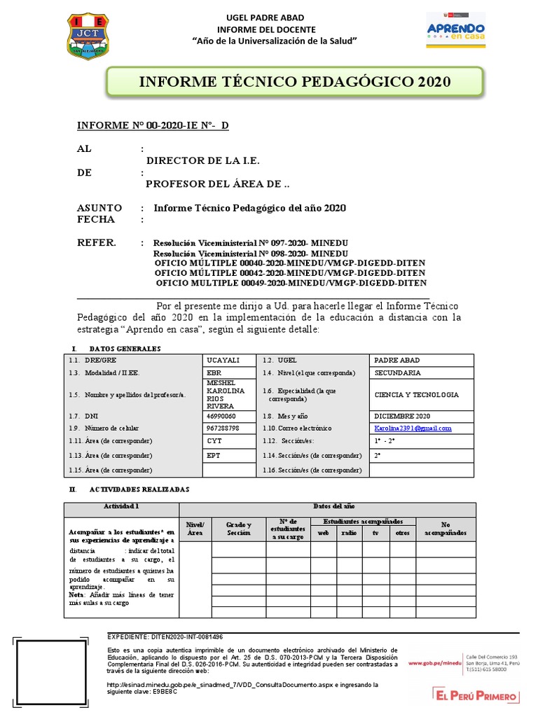 Informe Técnico Pedagógico Anual 2020 - Docente | PDF | Aprendizaje | Evaluación