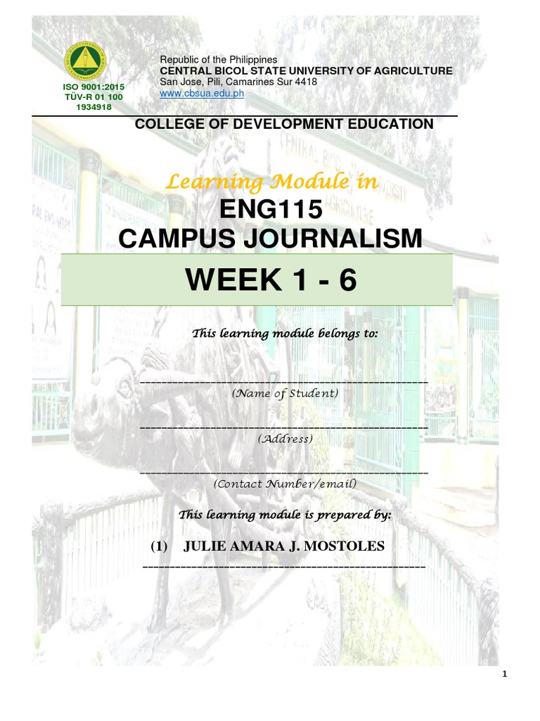 ENG 115 Campus Journalism Module Week 1 6 | PDF | Educational ...
