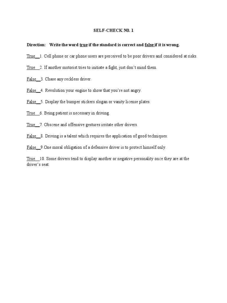 Driving Safety Self-Check Answers | PDF