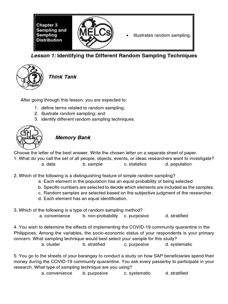 Statistics and Probability Chapter 3 Lesson 1 | PDF | Sampling ...