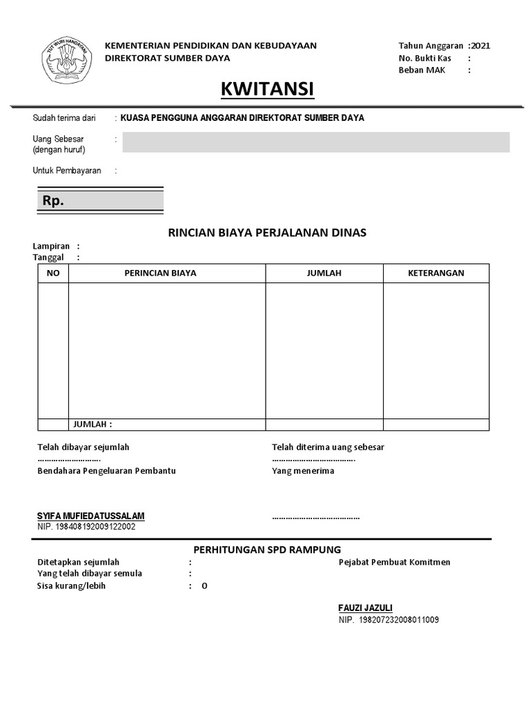 Kwitansi Perjalanan Dinas 2021 | PDF