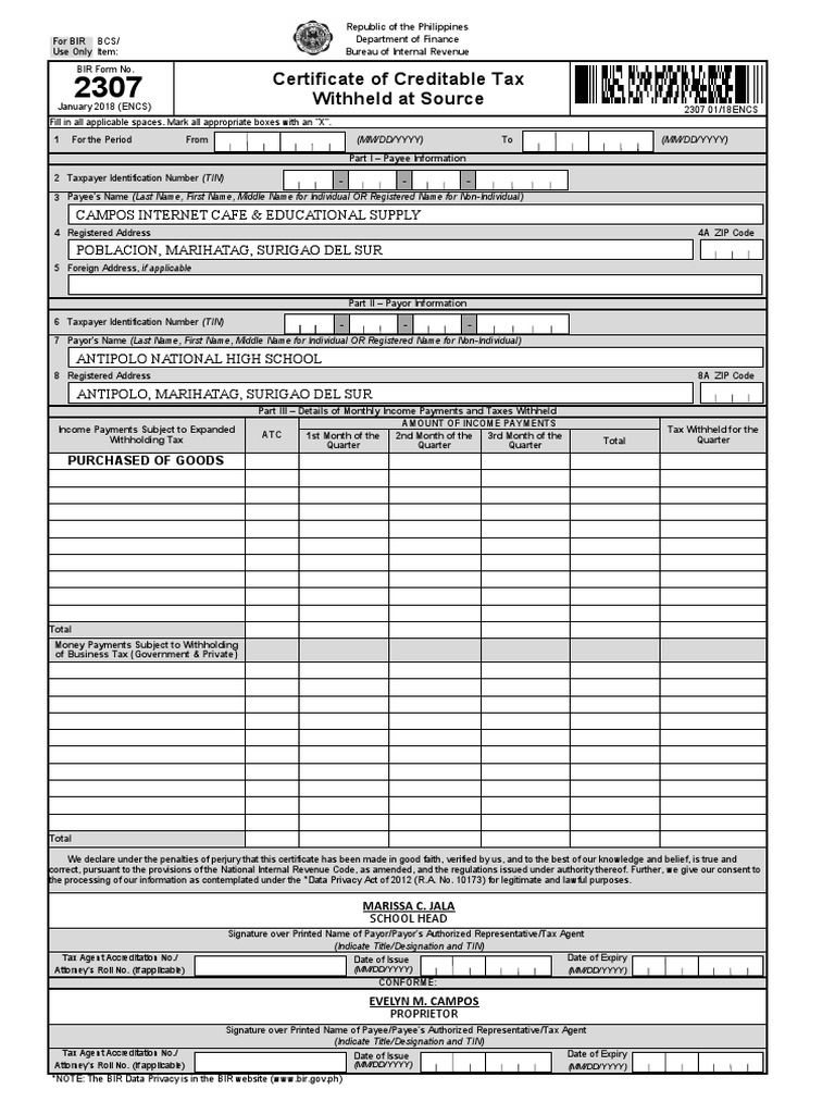 2307 Jan 2018 ENCS v3 | PDF | Payments | Taxpayer