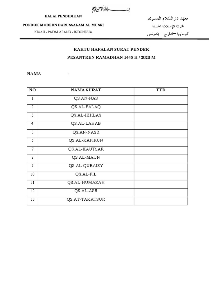 Kartu Hafalan Surat Pendek | PDF