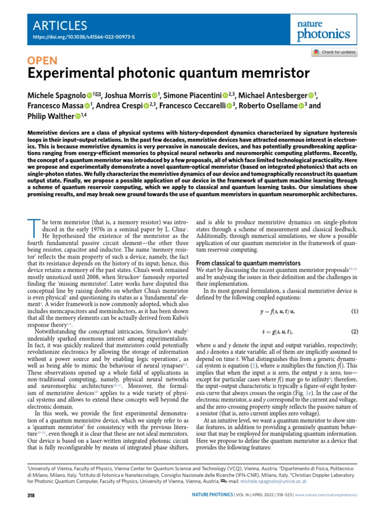 Experimental Photonic Quantum Memristor (s41566-022-00973-5) | PDF ...