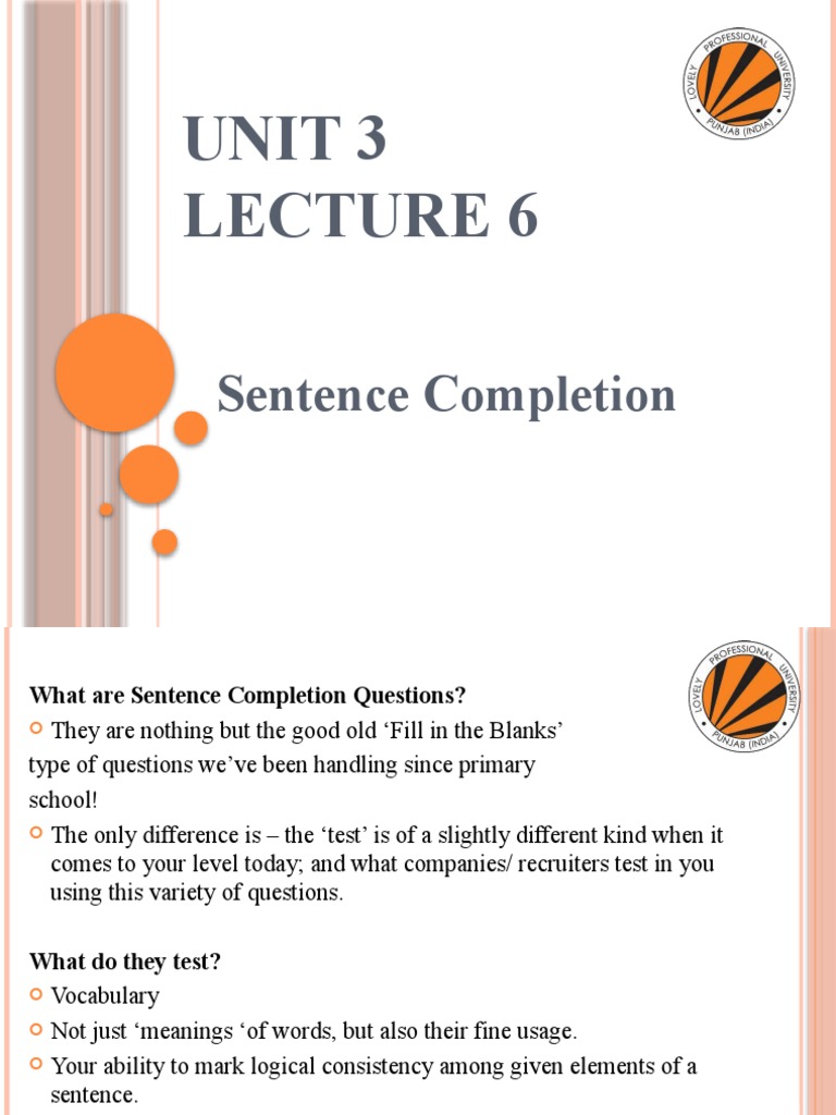 Unit III LECTURE 6 Sentence Completion | PDF | Adverb | Word