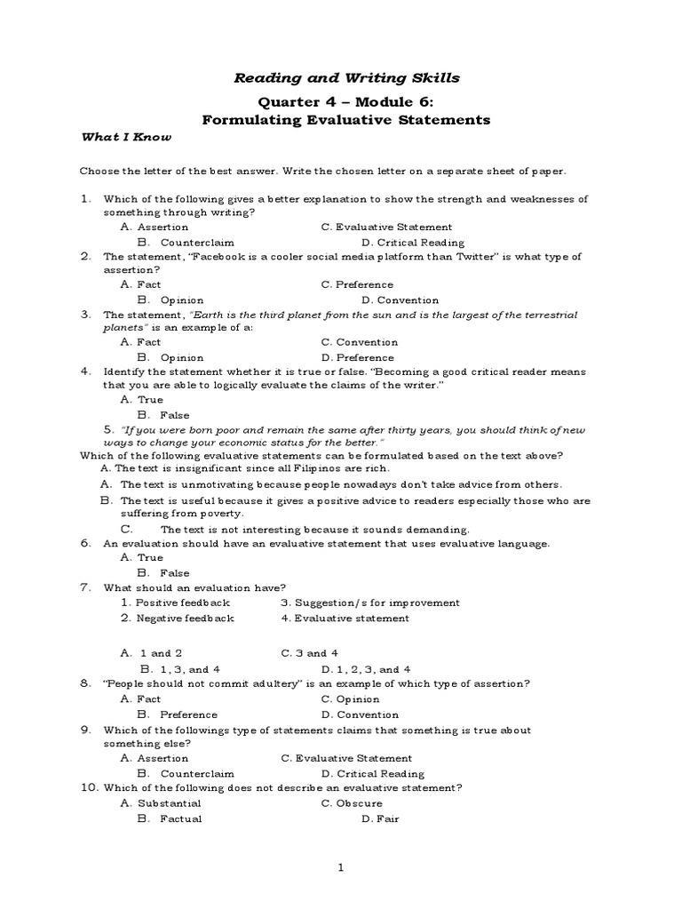 Formulating Evaluative Statements | PDF | Argument | Reason