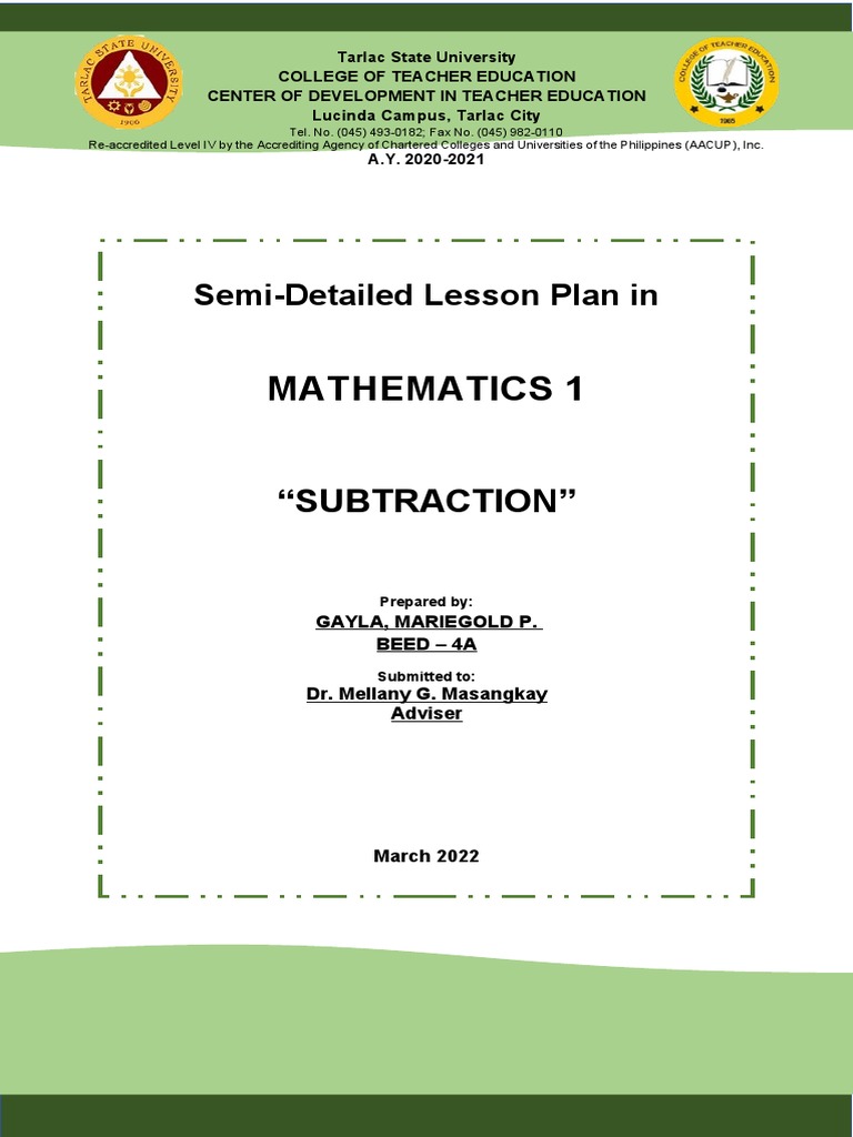 Mathematics 1: Semi-Detailed Lesson Plan in | PDF | Subtraction ...