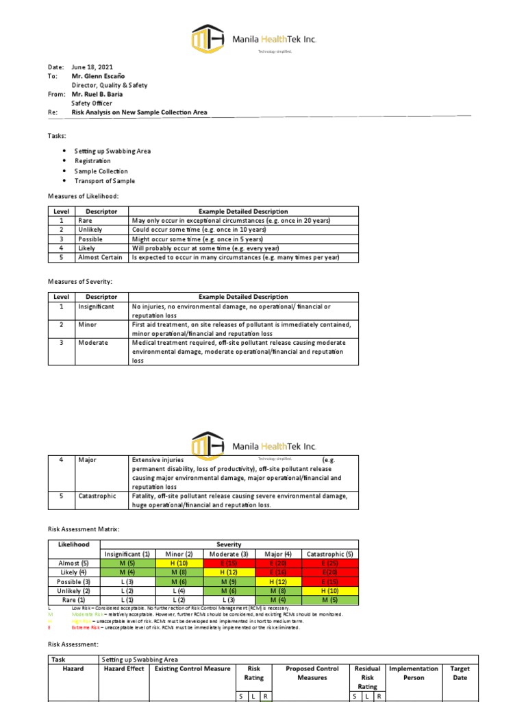 Risk Assessment On New Sample Collection Area (Revised - Final) | PDF ...