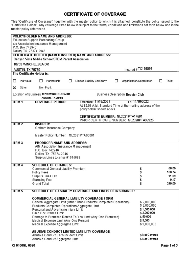 General Liability Certificate - GL2021PTA17581 | PDF | Liability ...